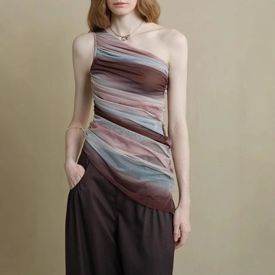 someone sometimes原创艺术晕染网纱透气亲肤斜肩单肩上衣短袖女