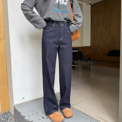 年度王炸裤型~深蓝窄版加绒牛仔裤女冬季2025新款直筒宽松阔腿裤