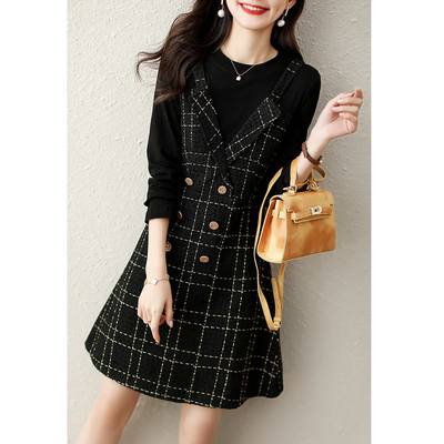 奥莱女装秋冬款时尚小香风减龄假两件洋气优雅轻熟格纹连衣裙女