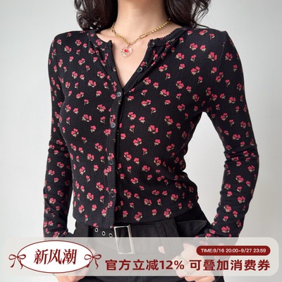 Go Girl Go 自制复古欧美风碎花针织T恤女修身显瘦开衫上衣