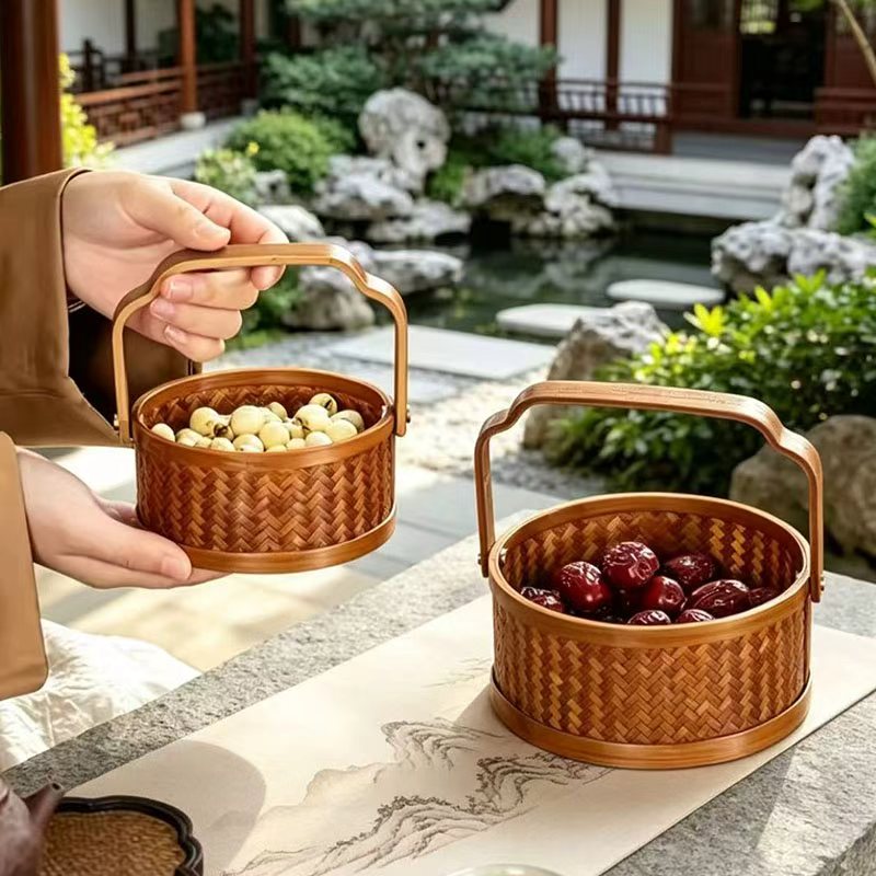 竹编水果收纳筐桌面收纳瓜子坚果篮精致干果盒茶桌零食筐圆用点心