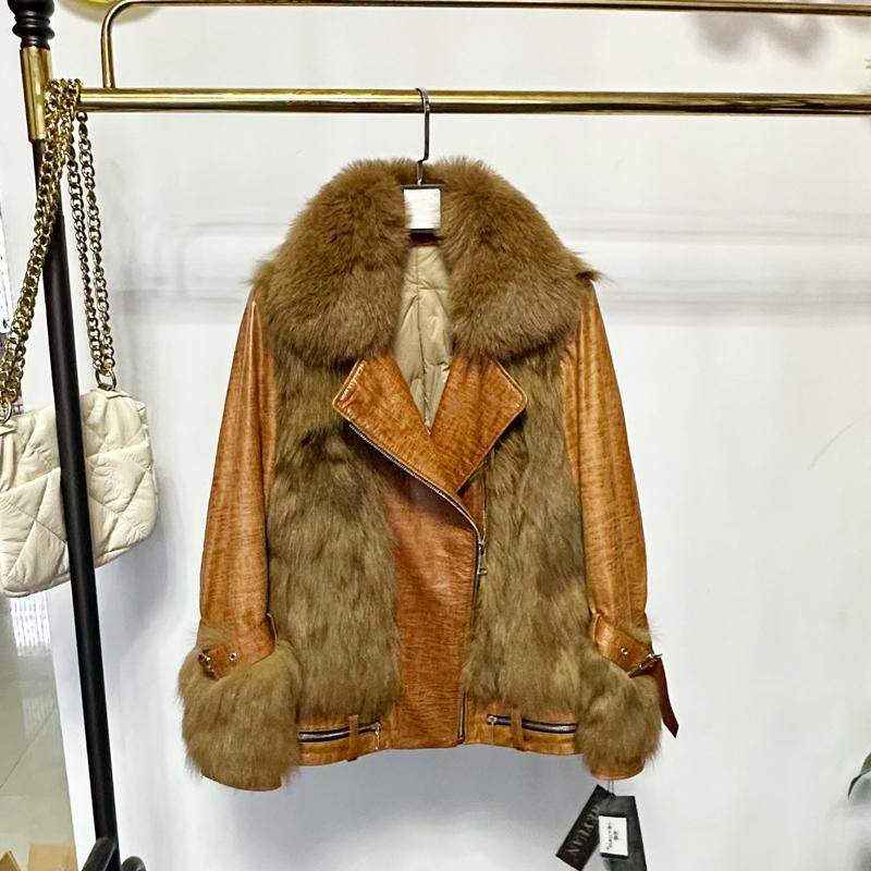 特价真皮绵羊皮皮衣羽绒服狐狸大毛领拼接毛毛外套休闲短款机车女