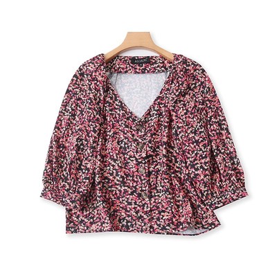 爱丽爱熙中袖纽扣开衫衬衫碎花