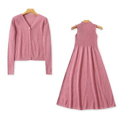 针织套装裙长袖V领开衫两件套