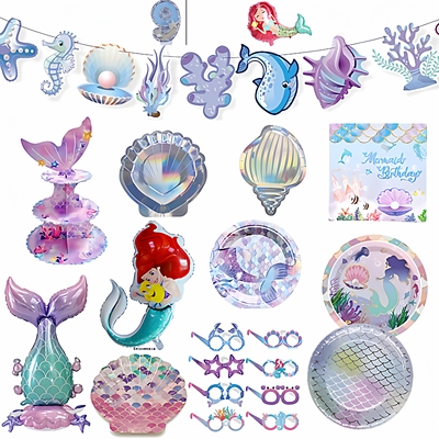 Mermaid birthdayparty decoration美人鱼一次性纸盘圣诞派对餐具