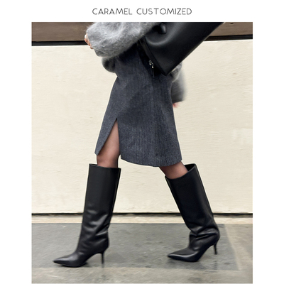 焦糖CARAMEL-极简尖头长靴时尚百搭高级感细跟真皮高筒女鞋-7cm