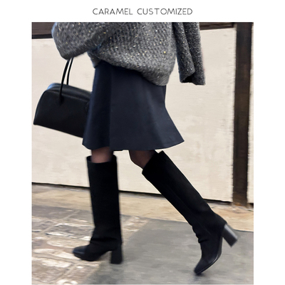 焦糖CARAMEL-粗跟长靴女高跟鞋英伦风真皮显瘦高级简约风-7.5cm