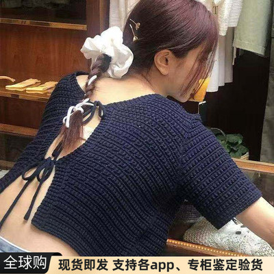 正品现货韩国barnet八奶两穿蝴蝶结系带镂空针织短款短袖上衣开衫