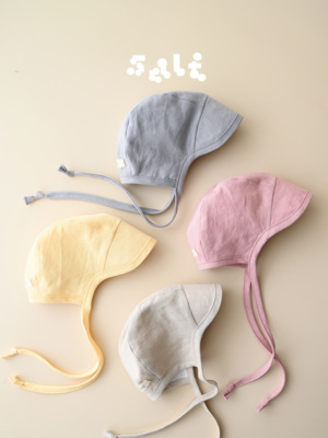 早春新生儿亚麻多色护耳帽