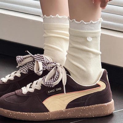 海盐色系木耳边拼色中筒袜白袜子