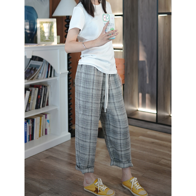 色织亚麻格纹松紧腰锥形9分裤