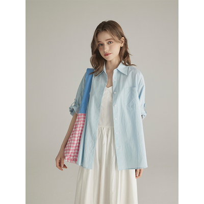 三十三 【color-box】纯色翻领半袖衬衫女夏季通勤设计感薄款上衣