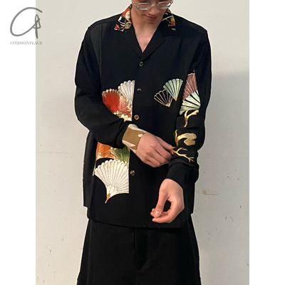 复古和服补丁长袖真丝衬衫