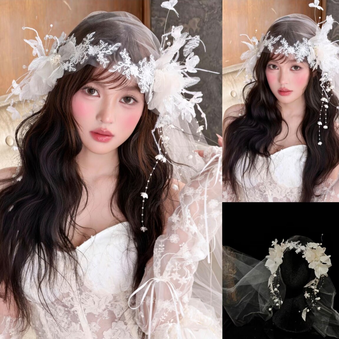 新款法式复古花朵头纱新娘主婚纱礼服配饰品影楼造型高级大气7606