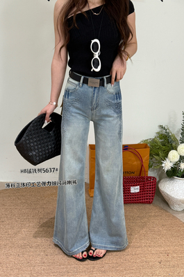 5637春夏韩版气质百搭高腰显瘦立体印工艺细闪筒喇裤休闲牛仔裤女