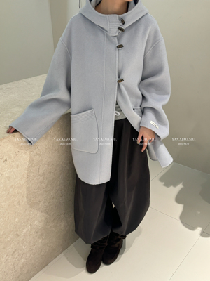8121韩版气质百搭宽松显瘦连帽牛角扣双面羊毛大衣中长款毛呢外套