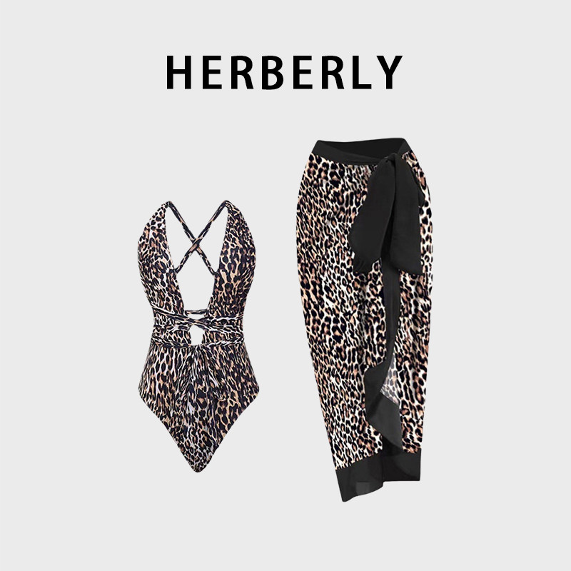 HERBERRY泳装女复古豹纹性感连体泳衣深V显瘦温泉度假裹裙套装潮