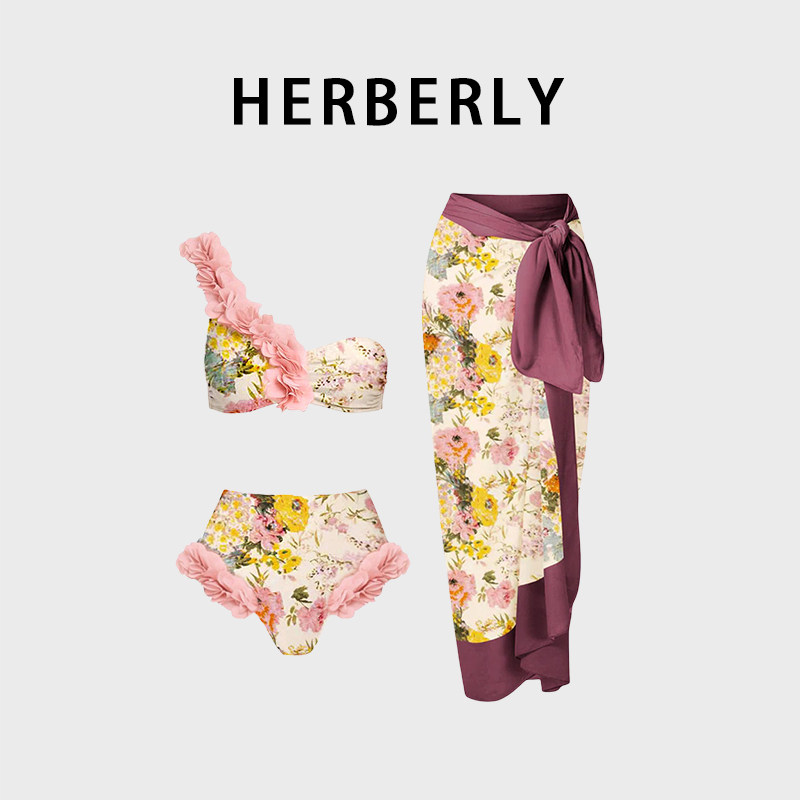 HERBERRY泳装女法式复古印花单肩性感比基尼泡温泉裙式分体游泳衣