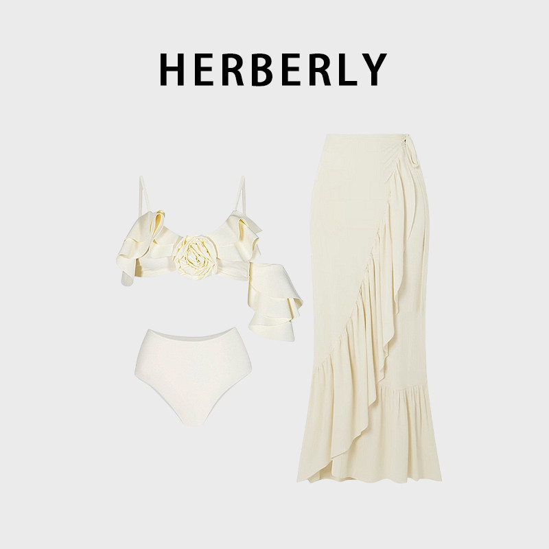 HERBERRY泳装女复古小众吊带比基尼套装泡温泉度假裙式分体游泳衣