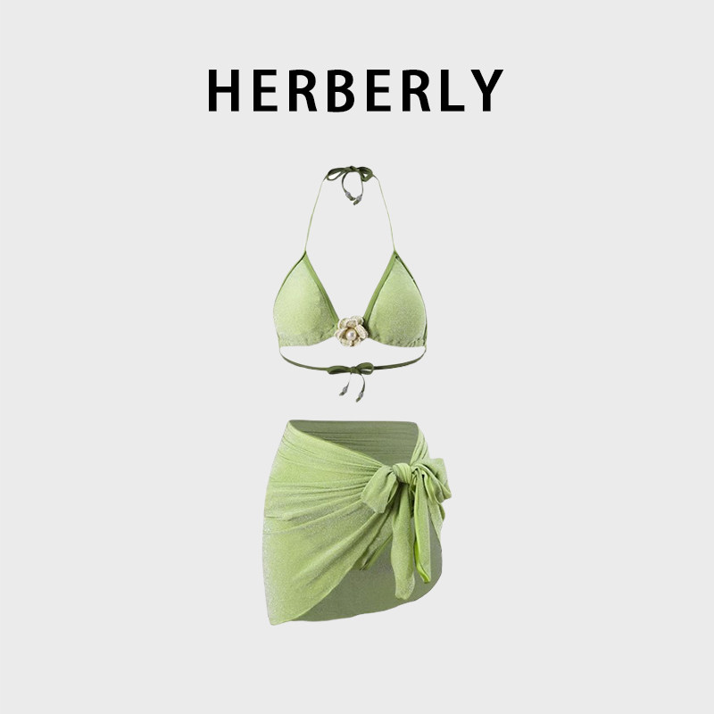 HERBERRY泳装网红纯欲性感比基尼复古多巴胺温泉度假裙式分体泳衣