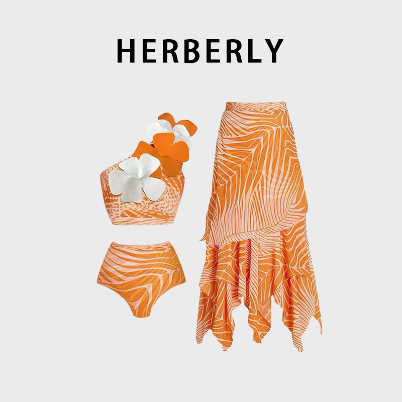 HERBERRY泳装女单肩立体花朵比基尼保守沙滩温泉度假裙式分体泳衣