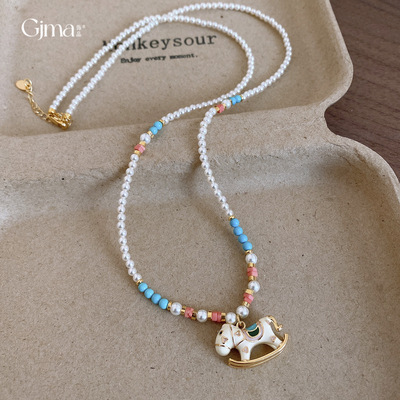 国潮复古本命年小马吊坠串珠项链