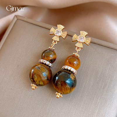 美拉德锆石花朵虎眼石葫芦耳环