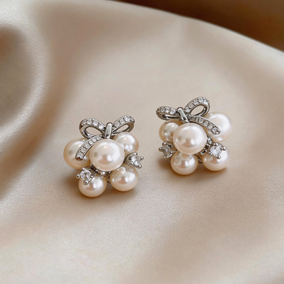 法式复古锆石花簇珍珠耳环