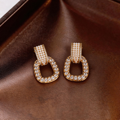 法式精致锆石梯形珍珠耳钉