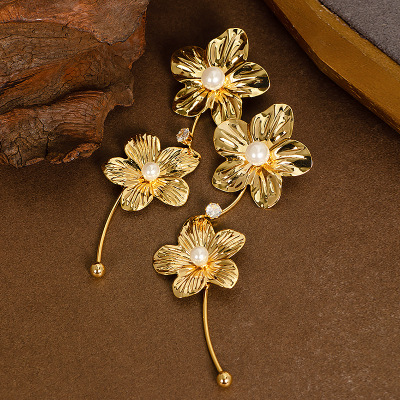 冷淡风长款珍珠花朵流苏耳环银针