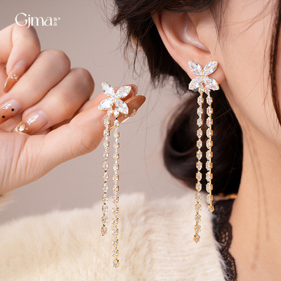 18K金电镀银针锆石花朵流苏耳钉