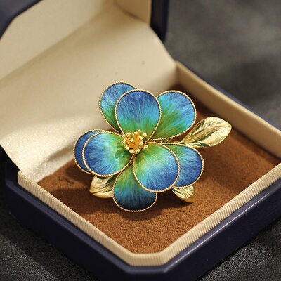 非遗绒花蓝色花瓣掐丝牡丹胸针
