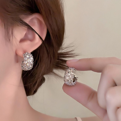 欧美奢华重工锆石花朵c形耳钉