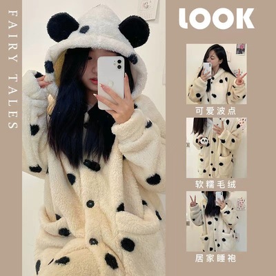 秋冬珊瑚绒睡衣女新款长款睡袍加绒加厚法兰绒家居服套装跨境