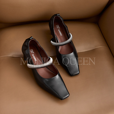 法式复古方头粗跟透气浅口单鞋