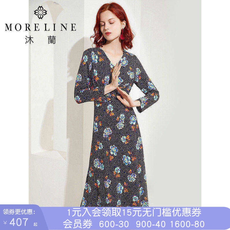 MORELINE沐兰商场同款印花连衣裙秋装V领波点中长裙子