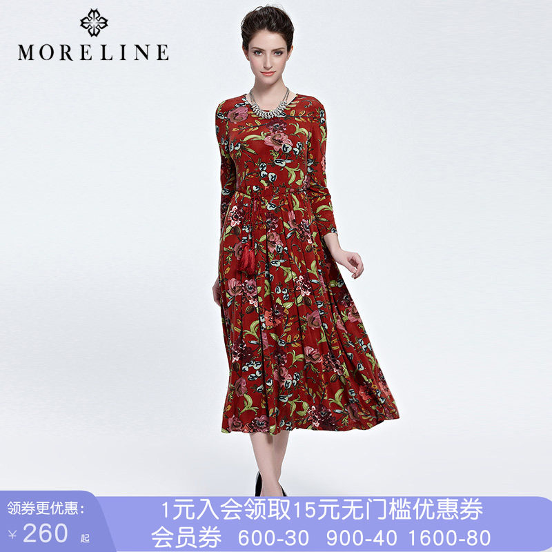 MORELINE沐兰秋季新品长款圆领绑带修身长袖复古印花大摆连衣裙女