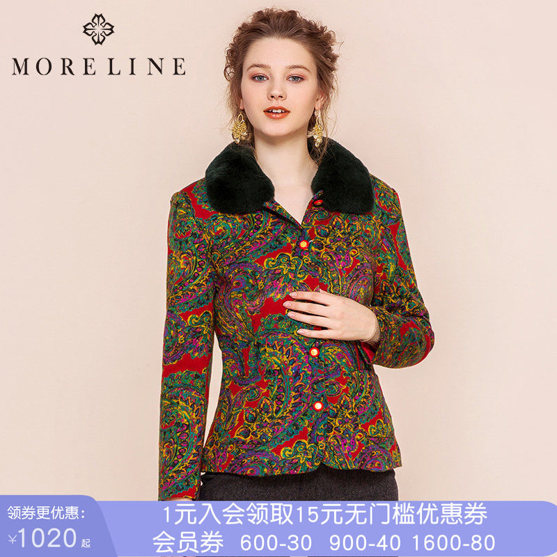 MORELINE沐兰冬季新品复古毛领修身印花短款外套女7884601