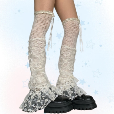 SUPPER 花花 夏日多巴胺色系系带蝴蝶结镂空薄款闪闪花瓣蕾丝腿套