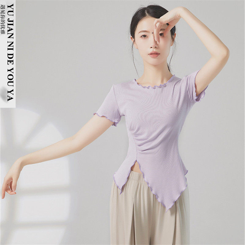 木耳花边圆领不规则夏季短袖现代舞中国舞古典舞蹈服练功服上衣女