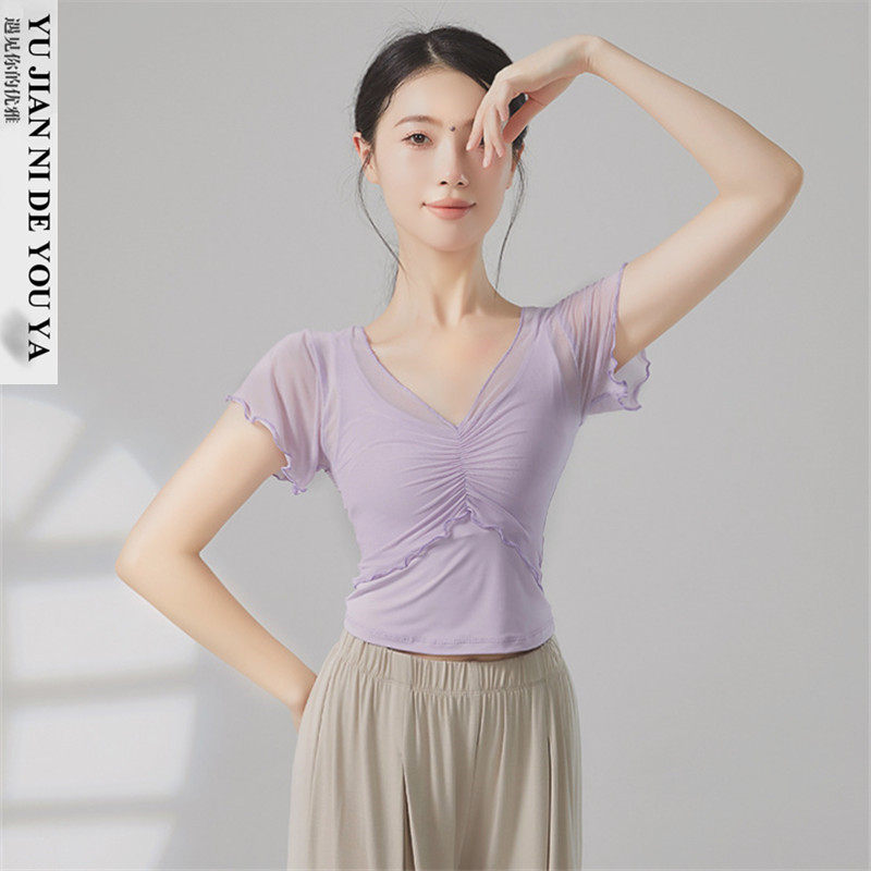 假两件夏季短袖网纱衣形体服现代舞中国舞古典舞蹈服练功服上衣女