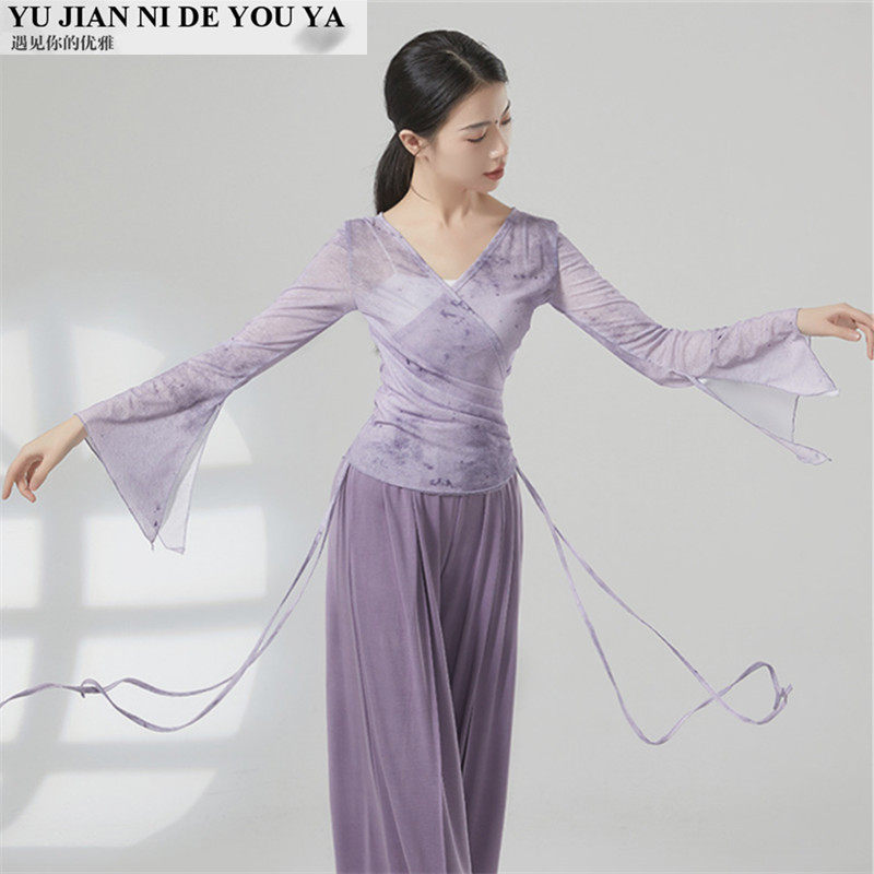绝美紫色喇叭袖中国舞古典舞服装跳舞蹈服练功服演出服上衣女飘逸