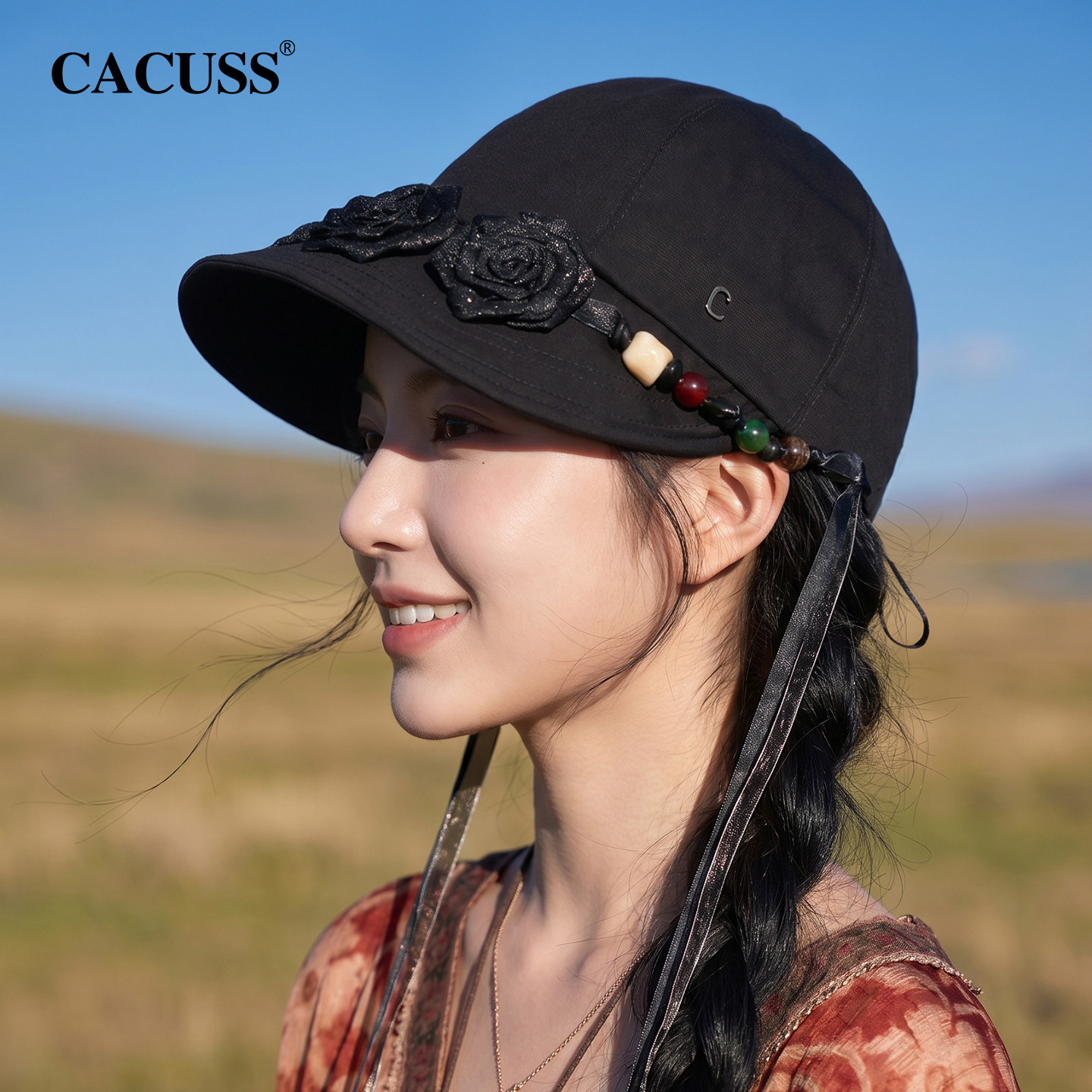 CACUSS民族风防晒帽子女夏季可塑大帽檐户外遮阳帽可扎马尾太阳帽