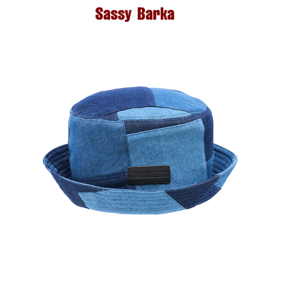 SassyBarka牛仔拼接渔夫帽子设计师款深浅丹宁春秋冬男女平顶盆帽