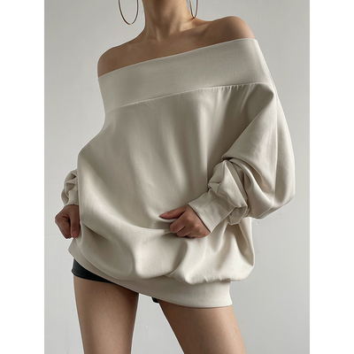 休闲宽松一字肩卫衣女