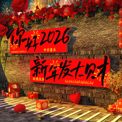 2026马新年快乐春节小院红墙面氛围网红打卡装饰品拍照区布置造景