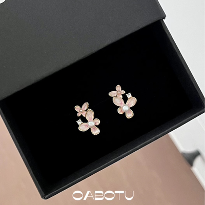 粉色鸢尾花耳钉·S925银针春夏清新滴釉渐变粉珍珠锆石花朵耳环