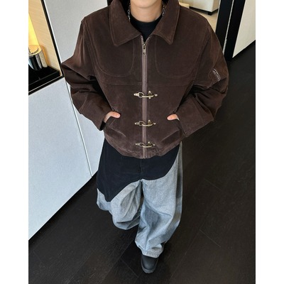 春秋美式复古解构飞机扣短款夹克男女高级设计感麂皮绒潮流外套潮