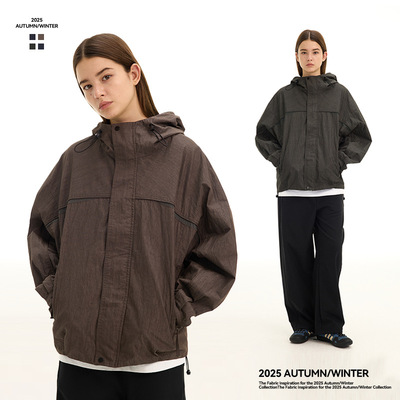 UNF Cleanfit撞色拼接高级简约美式连帽外套风衣宽松长袖夹克新款