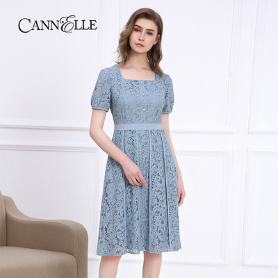 Cannelle晴迷桂莉夏季女士蕾丝短袖连衣裙方领裙